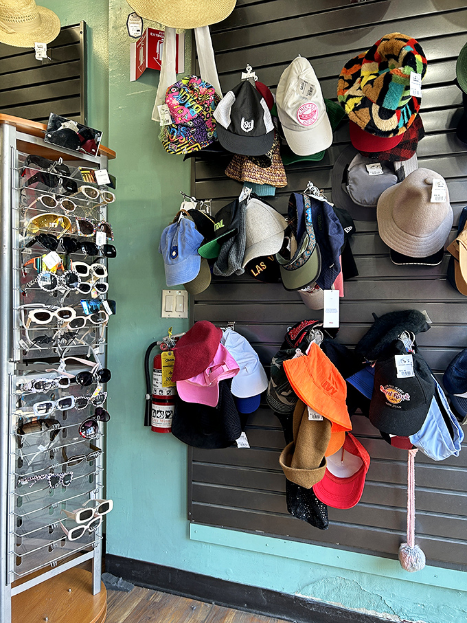 Baseball caps and sunglasses share space like old friends, ready to shade your face from Chicago's surprisingly sunny days.