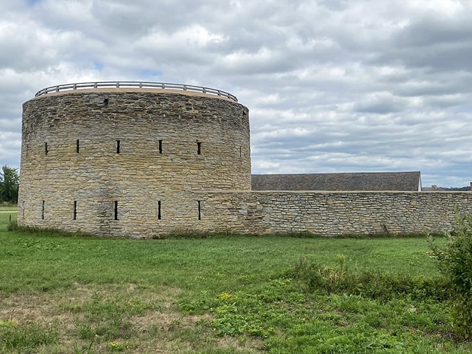 The round tower at Historic Fort Snelling stands as a limestone sentinel, watching over the river confluence just as it has for nearly two centuries.