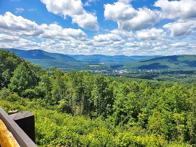 The view that sells houses: rolling Berkshire mountains unfold like rumpled velvet blankets, with North Adams nestled in nature's embrace below.