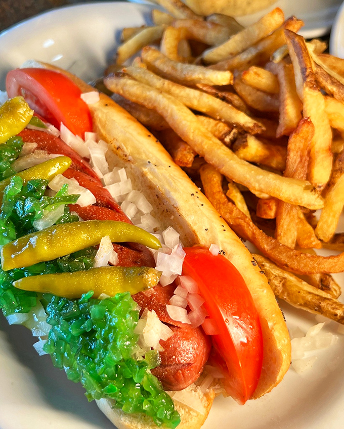 The classic Chicago dog gets the California treatment with colorful peppers and hand-cut fries on the side.