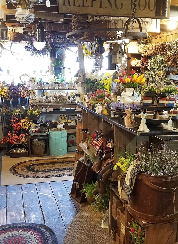 Floral arrangements and rustic decor create an atmosphere that's equal parts country charm and design magazine fantasy.