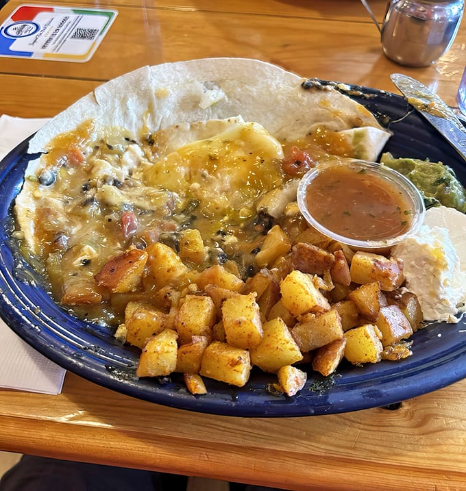 Huevos rancheros that blur the line between breakfast and art. That green chile sauce could make a grown Coloradan weep with joy.