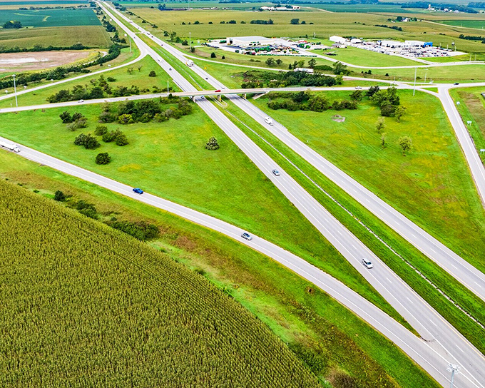 Even the highway seems relaxed here, cutting through farmland with the casual confidence of someone who knows exactly where they're going.