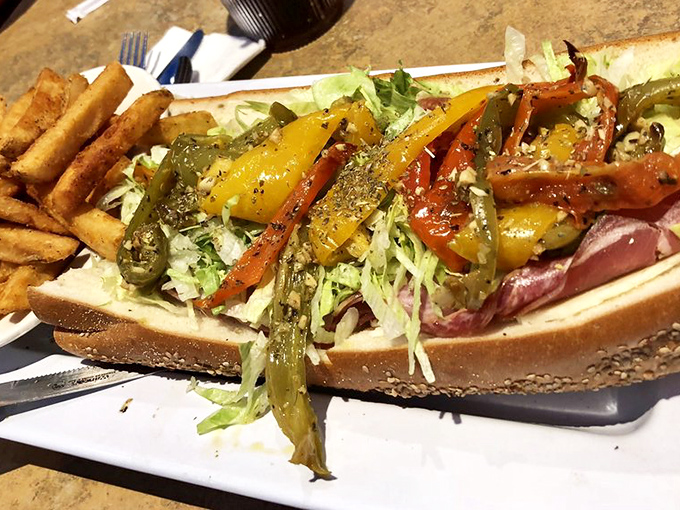 Feast your eyes on Ben & Irv's incredible Italian hoagie, loaded with peppers and flavor! A hearty, delicious meal.