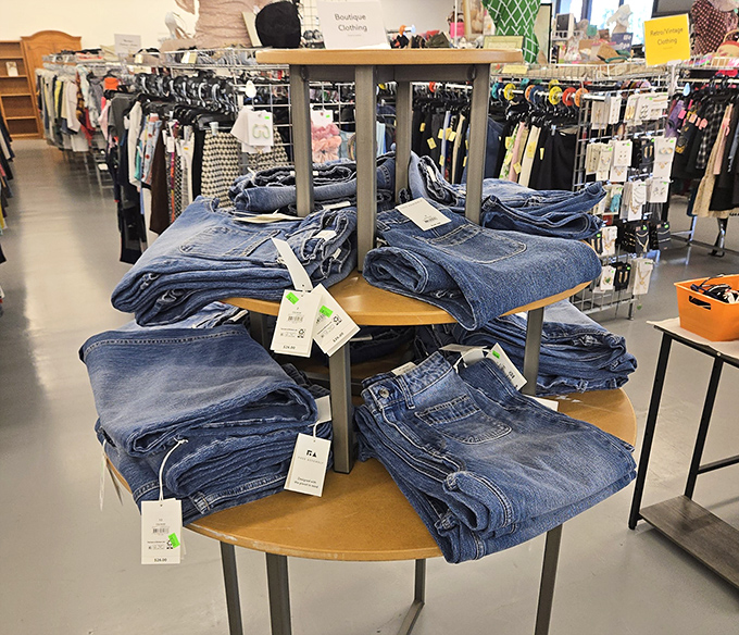 Denim display that would make Marie Kondo weep with joy—organized, folded, and ready to spark joy in your wardrobe.