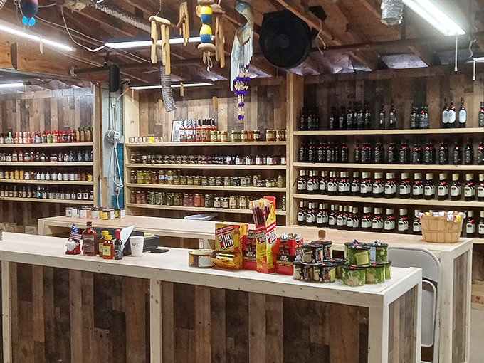 Condiment kingdom! Rows of homemade jellies, sauces, and preserves promise to transform ordinary meals into extraordinary Florida flavor experiences.