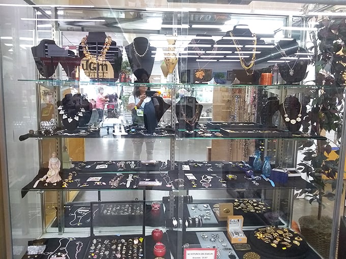 The furniture showroom displays solid wood pieces with good bones and stories to tell, from mid-century side tables to farmhouse desks.