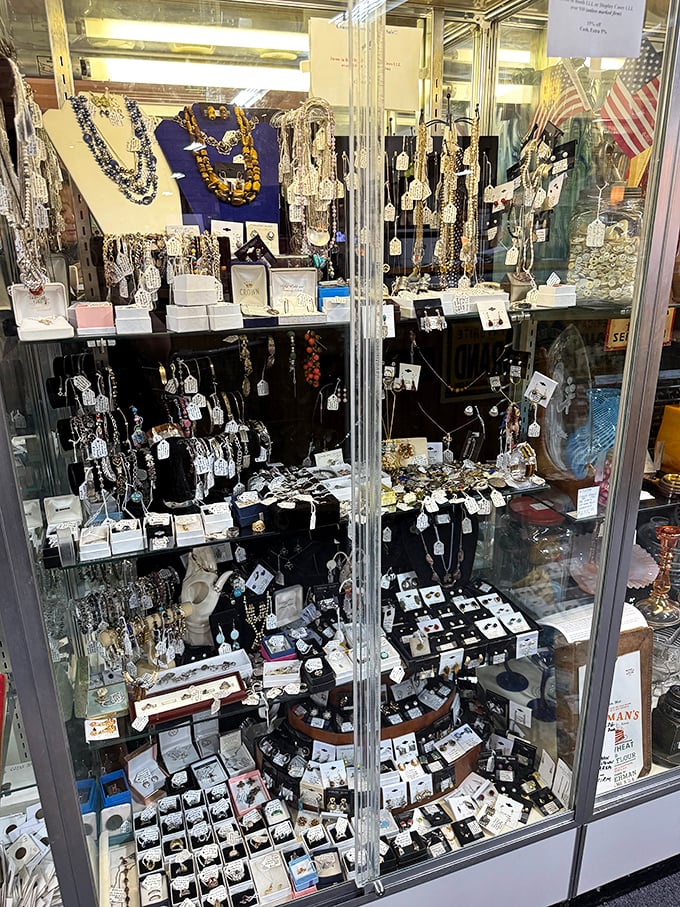 Jewelry that witnessed first dates, anniversaries, and "just because" moments sparkles under glass, each piece whispering secrets of celebrations past.