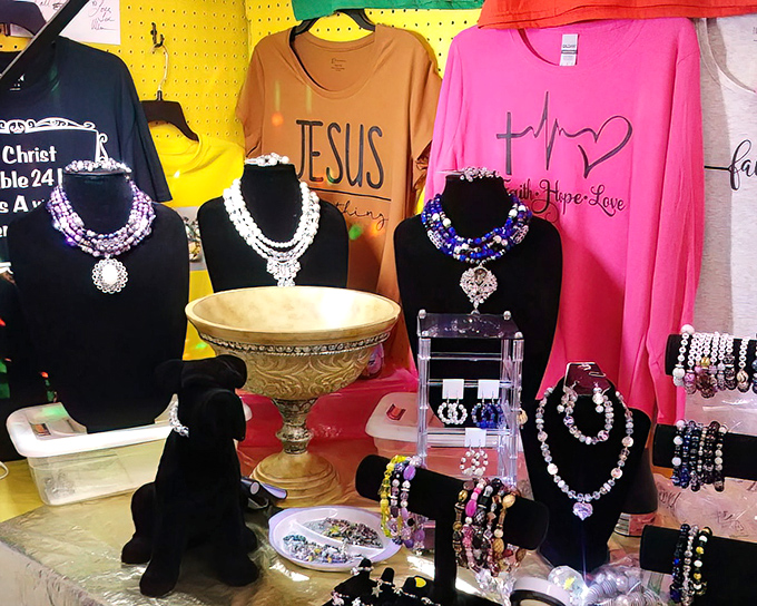 Faith meets fashion at this vibrant display. The statement necklaces compete for attention with inspirational tees &ndash; spiritual bling for the devout shopper.