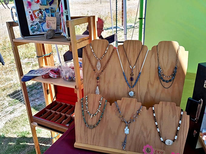 Handcrafted necklaces catching sunlight like Idaho's lakes at dawn, each stone telling a different story to whoever takes it home.