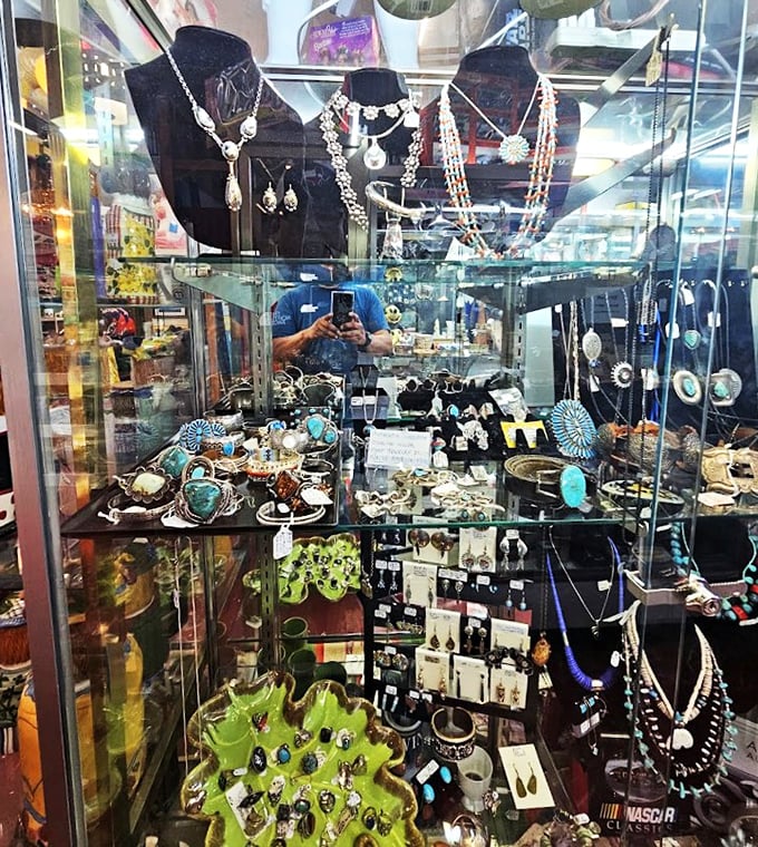 Turquoise jewelry mingles with silver treasures in glass cases&mdash;the Southwest's history displayed under fingerprint-smudged glass.