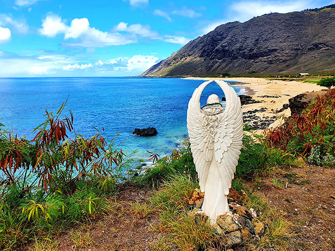 This angel statue overlooking Kaʻena Point's pristine coastline reminds visitors they've found a slice of heaven on earth.