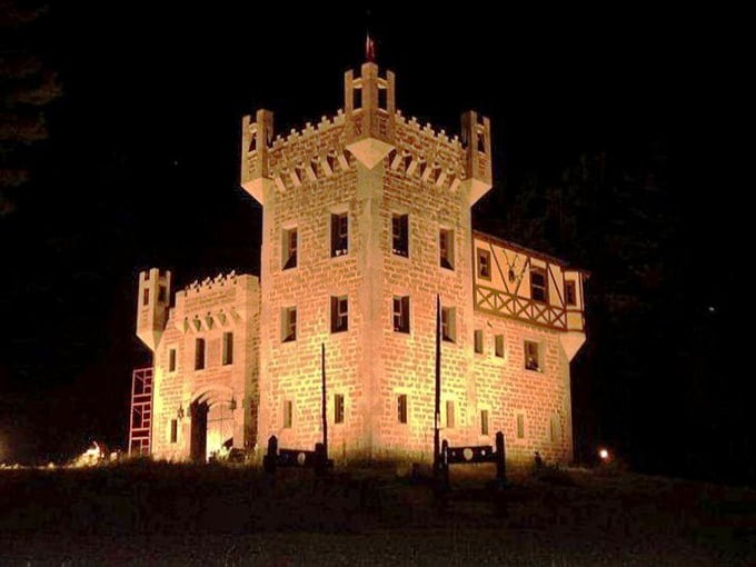 By night, Kelley Castle transforms into a illuminated wonderland that would make Disney Imagineers jealous. The glowing stonework creates a magical beacon in the Northwoods darkness. 