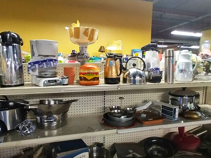 Kitchen gadgets galore, including that hamburger-shaped something-or-other that someone definitely received as a well-intentioned wedding gift.