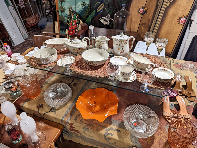 A tea service fit for Downton Abbey sits among crystal treasures, waiting for its next elegant soir&eacute;e.