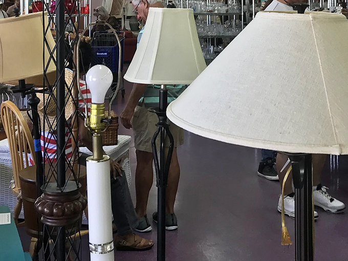 Lamp shopping at Goodwill: where you might find anything from grandma-chic to mid-century modern illuminating your next great idea.