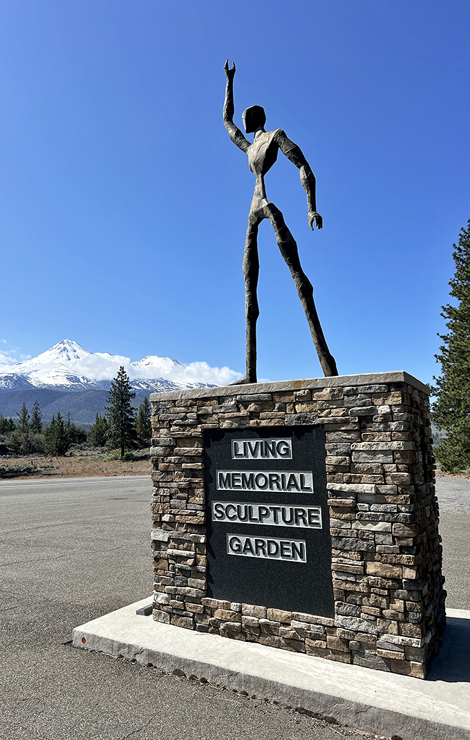 The Living Memorial reaches skyward, creating art that honors the past while framing that spectacular mountain perfectly.