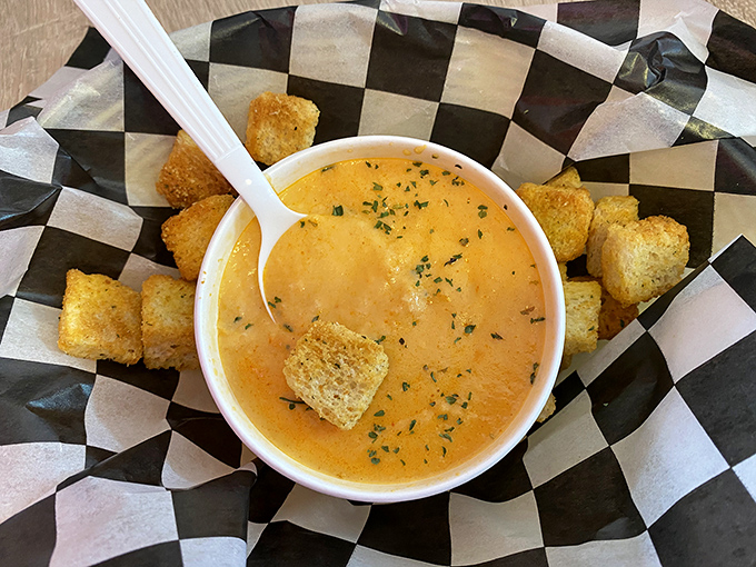 This lobster bisque isn't just soup&mdash;it's liquid luxury. Those croutons are like little rafts of joy floating in a sea of creamy decadence.