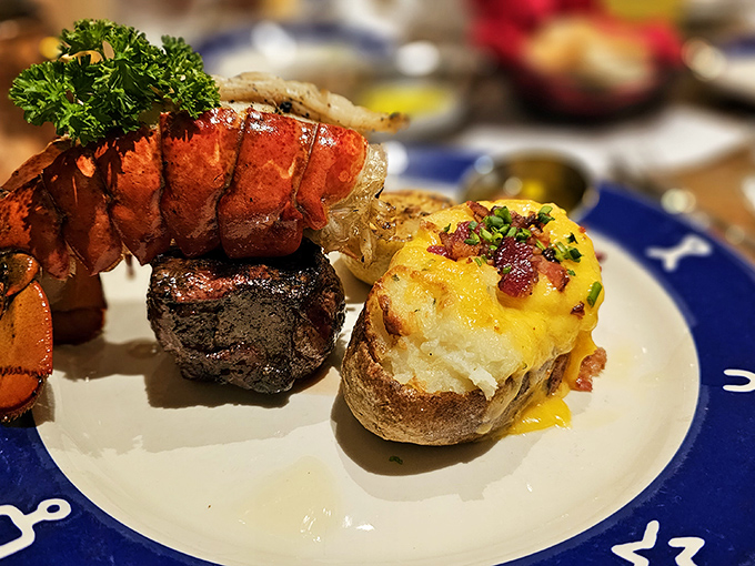 The surf and turf that launched a thousand food dreams&mdash;lobster tail and filet mignon sharing a plate like old friends at a reunion.
