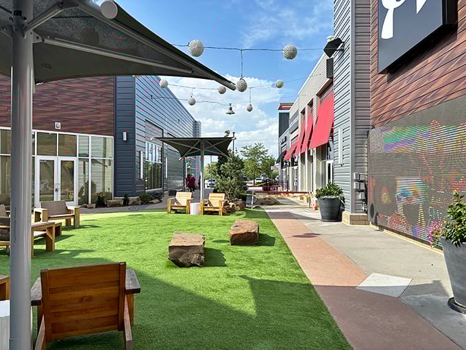 This artificial turf lounge area proves Nebraska Crossing understands shopping's golden rule: happy companions mean longer shopping trips.