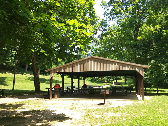 This park shelter stands ready for family reunions, where three generations can debate proper grilling techniques while kids race between picnic tables.