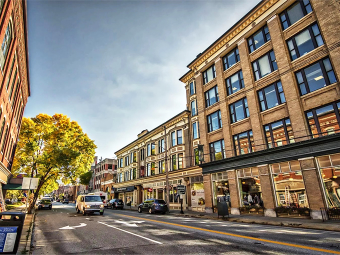 Autumn light bathes Rutland's downtown in golden hues, transforming ordinary brick buildings into something that belongs on a postcard.