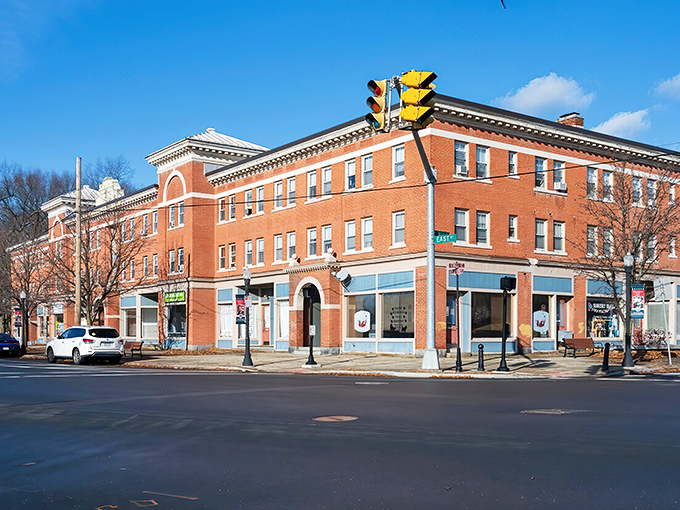 The historic brick buildings of downtown Ludlow tell stories of industrial boom times while housing today's local businesses. History and commerce in perfect harmony.