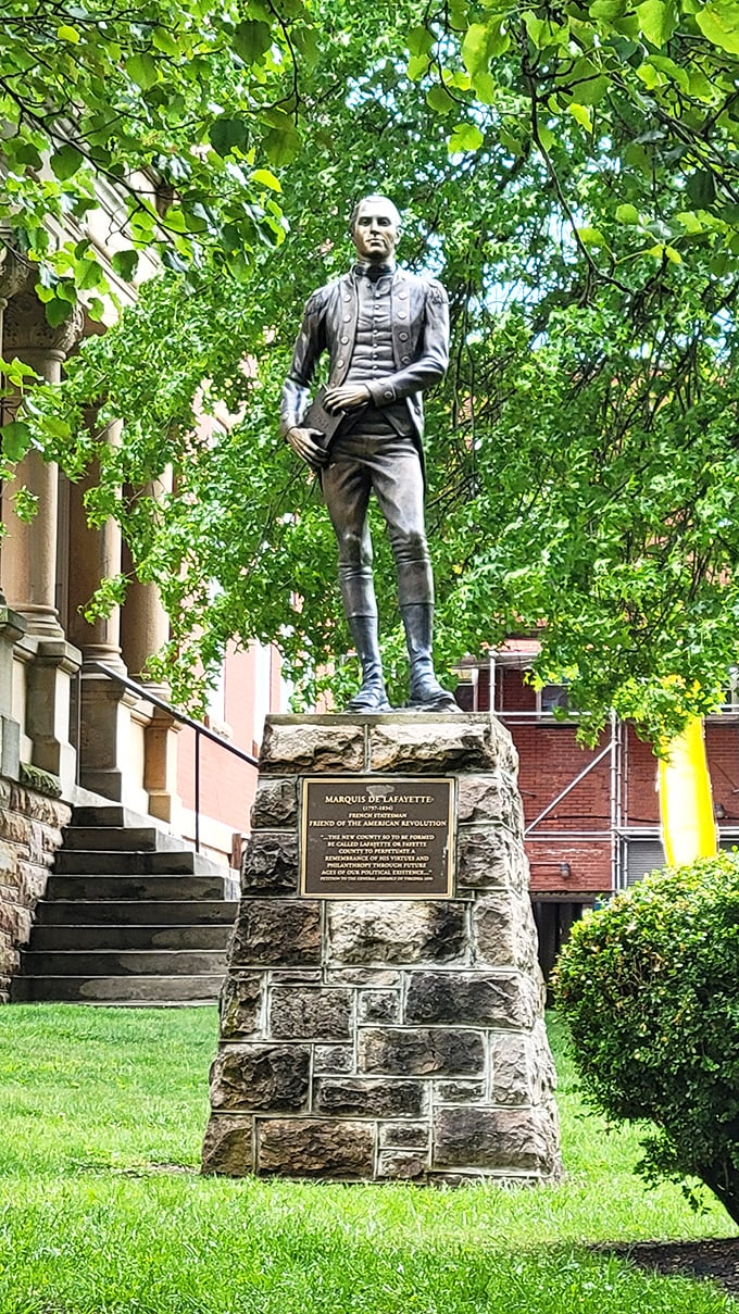 The Marquis de Lafayette stands watch over his namesake town, probably thinking, "Not bad for a place named after me!"