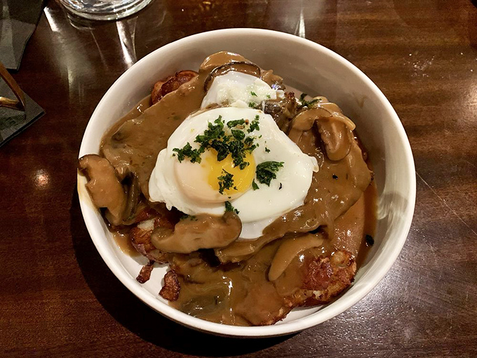 The legendary meatloaf swimming in gravy with a red cabbage crown&mdash;comfort food that's gotten a PhD in deliciousness.