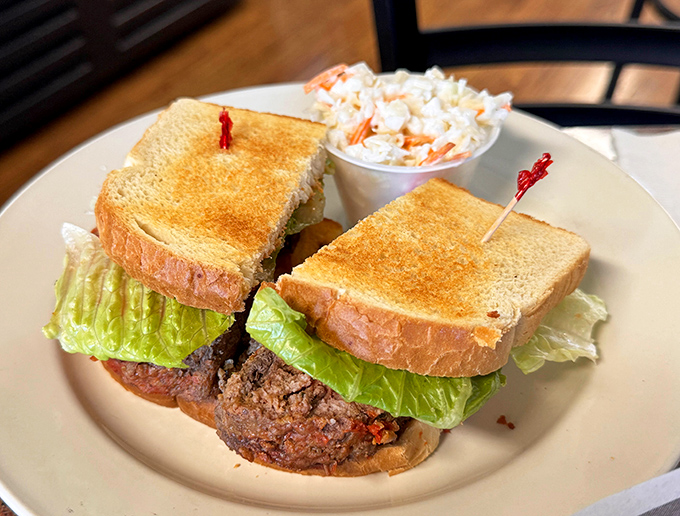 A sandwich that makes you question why you ever settled for drive-thru mediocrity. That meatloaf is living its best second life between perfectly toasted bread.