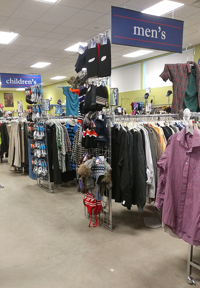 Men's clothing racks offer everything from casual tees to business attire. That Batman mask? Perfect for your next Zoom meeting.