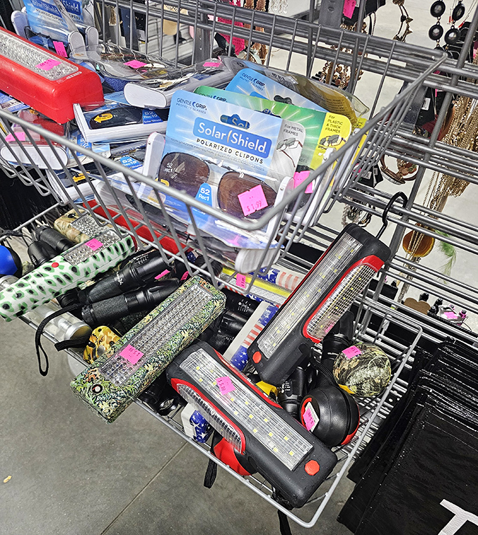 From polarized sunglasses to flashlights, this eclectic cart holds tomorrow's necessities at yesterday's prices&mdash;pure thrifting magic in action.