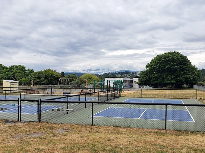 Tennis, anyone? Mountain View Commons offers recreation with a side of snow-capped Olympic Mountains in the distance.