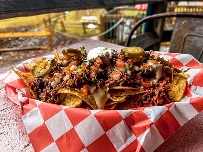 BBQ nachos that make you question everything you thought you knew about proper chip-to-topping ratios. Gloriously excessive in all the right ways.