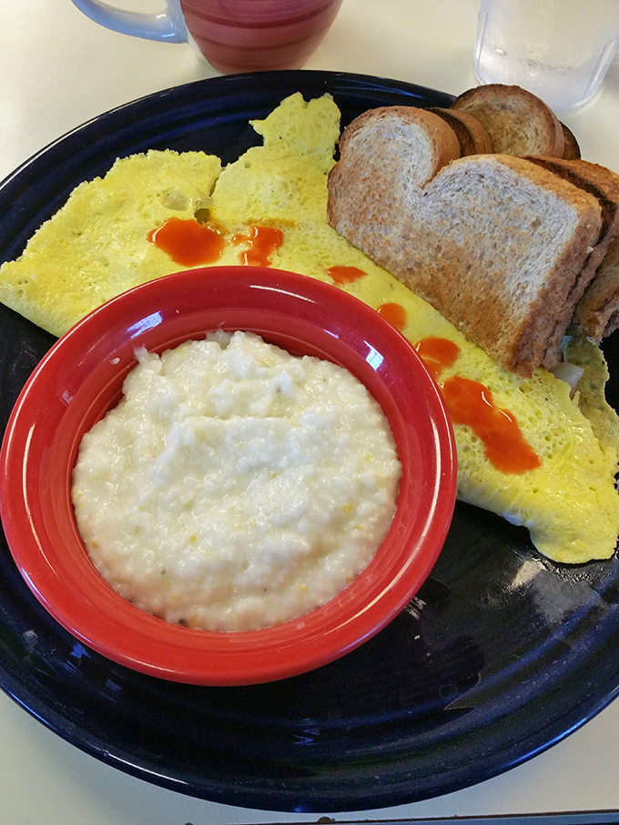Eggs, grits, and toast&mdash;the holy trinity of breakfast done right. Simple perfection that proves sometimes the classics need no improvement.
