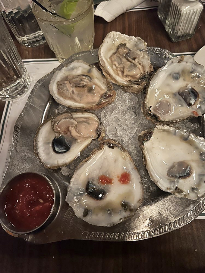 Fresh oysters on ice, glistening like pearls from the sea, ready to transport you with each briny slurp.