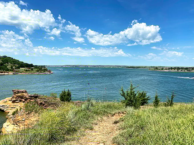 The "flat Kansas" myth debunked in one panoramic sweep. Rolling hills, limestone outcroppings, and that endless blue&mdash;Mother Nature showing off.