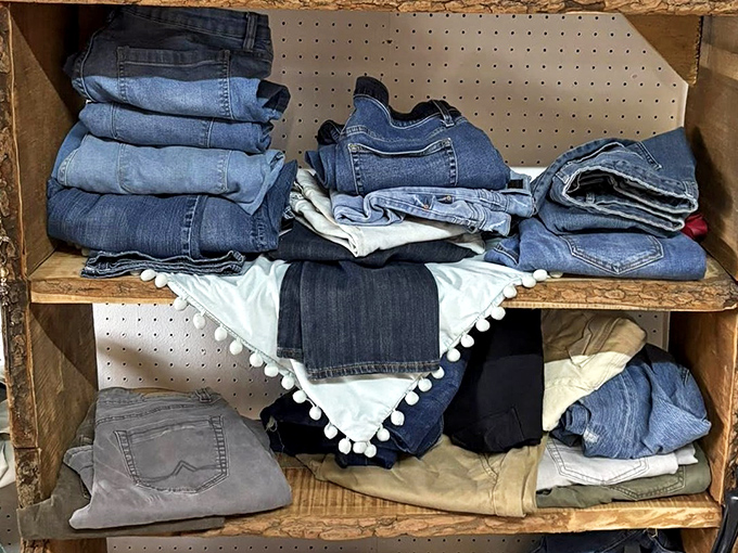 Denim heaven organized with surprising precision. Those perfectly folded jeans might contain the pair you'll swear were made just for you.