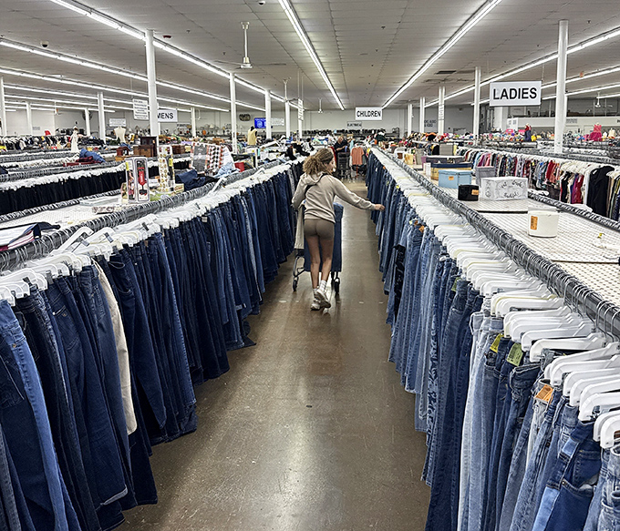 Denim democracy in action&mdash;hundreds of pairs of jeans arranged by size, waiting to begin their second or third chapter with new owners.