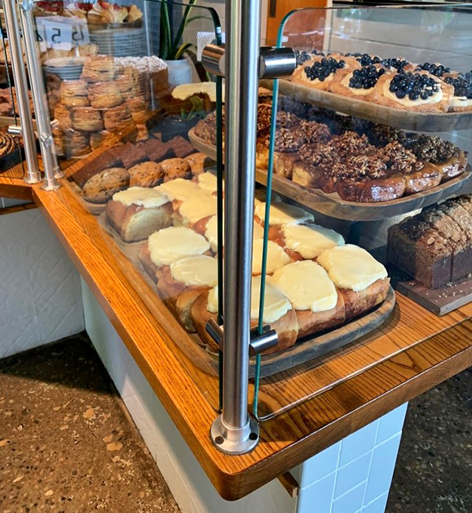 Pastry case of dreams! Each shelf tells a different sweet story, from frosted cinnamon rolls to berry-topped delights that make decision-making deliciously difficult.