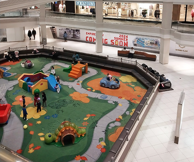 While parents hunt for cashmere deals, kids get their own wonderland. That turtle play structure has witnessed countless shopping negotiations.
