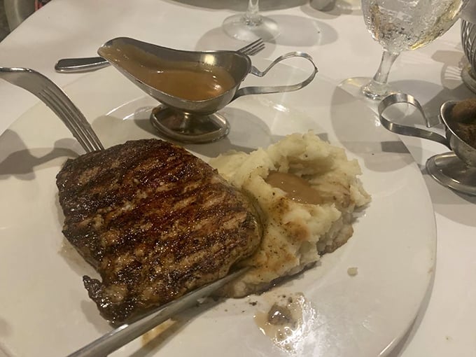 A perfectly grilled pork ribeye with mashed potatoes and gravy that would make your grandmother both proud and jealous. Comfort food with a culinary degree.