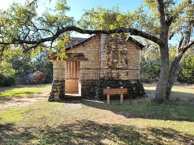 Rustic charm meets Texas history. This preserved stone cabin stands as a reminder of simpler times amid the park's natural beauty.