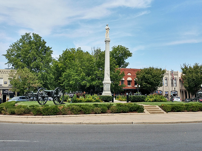 Franklin's Public Square, where history and modern life converge around a Civil War monument, creating the town's beating heart.