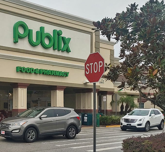 The Publix sign glows like a beacon of civilization, promising properly arranged produce and employees who actually know where things are&mdash;a true Florida luxury.