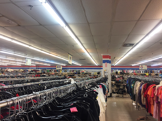 A sea of garments where fashion trends from every decade coexist peacefully. The 80s power suit next to yesterday's fast fashion finds.