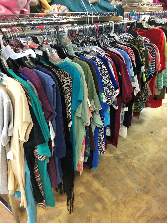 The rainbow of possibilities—where vintage tees and contemporary fashion coexist in perfect, budget-friendly harmony.