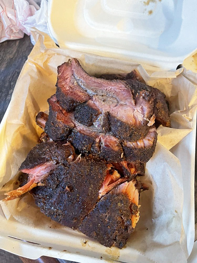 These ribs have that perfect bark&mdash;not "fall off the bone" (which BBQ aficionados know means overcooked) but tender with just the right resistance.