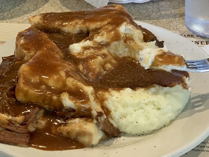 Open-faced roast beef drowning in gravy over mashed potatoes&mdash;basically edible therapy that requires no insurance copay to enjoy fully.