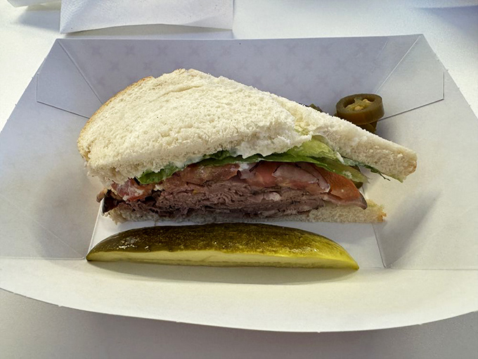 Roast beef on homemade bread with a pickle spear&mdash;lunch doesn't need to be complicated to be completely satisfying.